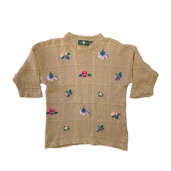 Hunt Club | Tops | Vintage Hunt Club Tan Pink Floral Knit Short Sleeve ...